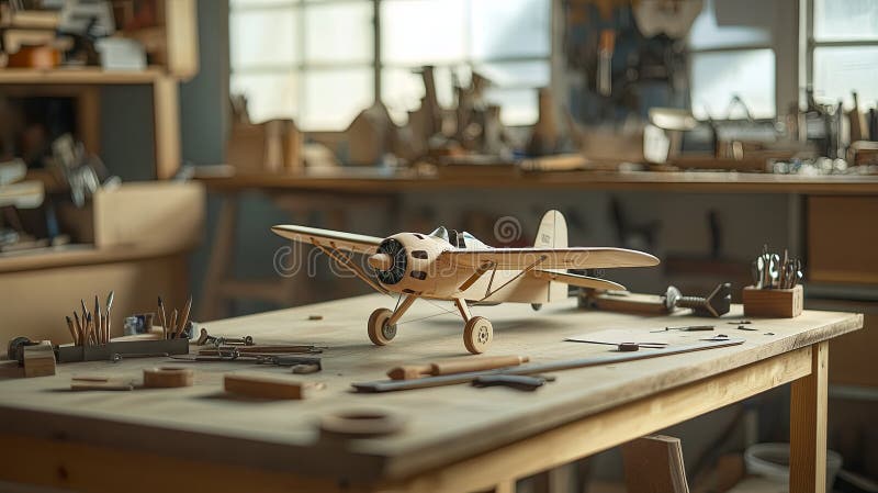 A Clean Workshop Table with Tools and a Half-finished Model Airplane ...