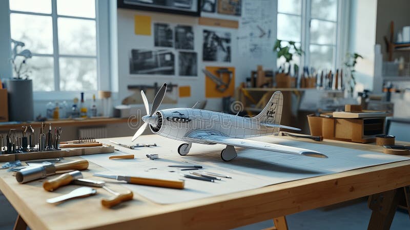 A Clean Workshop Table with Tools and a Half-finished Model Airplane ...