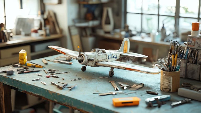 A Clean Workshop Table with Tools and a Half-finished Model Airplane ...