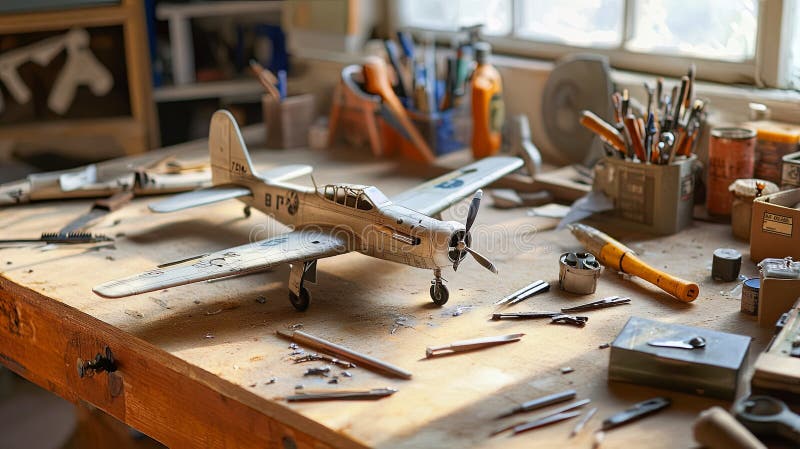 A Clean Workshop Table with Tools and a Half-finished Model Airplane ...
