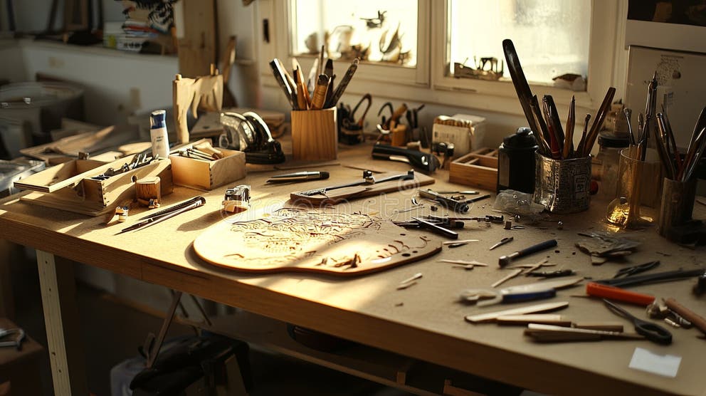 A Clean Workshop Table with Woodcarving Tools and a Half-finished Stock ...