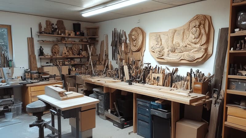 A Clean Workshop with Woodcarving Tools and a Partially Finished Stock ...