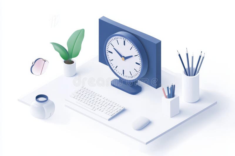 A Clean Workspace with a Computer Keyboard Mouse Clock Pencils and ...