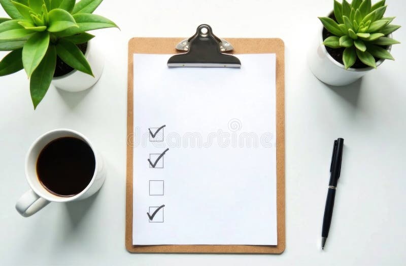 A Clean Workspace Features a Checklist on a Clipboard, a Cup of Coffee ...