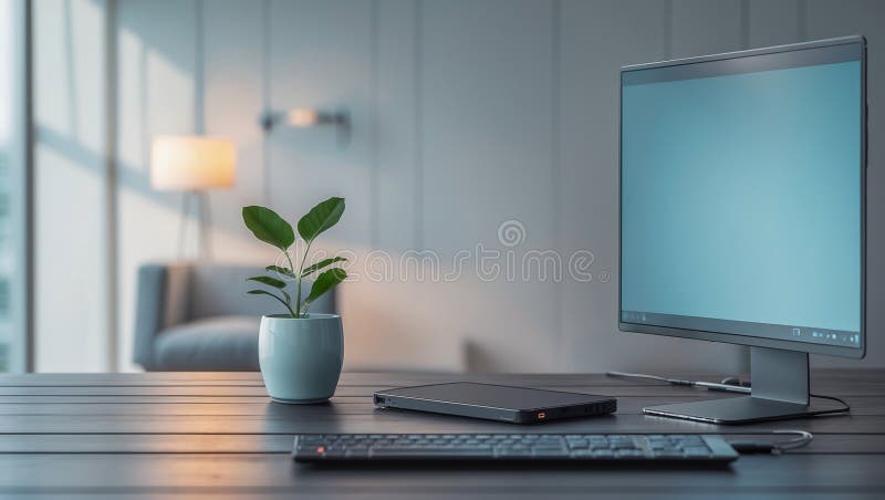Minimalist Modern Desk Setup with Computer and Plant Stock Illustration ...