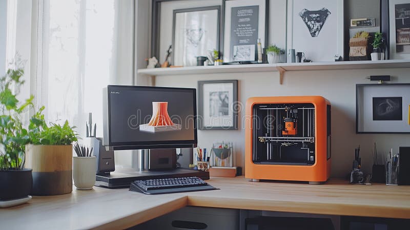 A Clean Workspace Featuring a 3D Printer in Action, Creating a Sleek ...