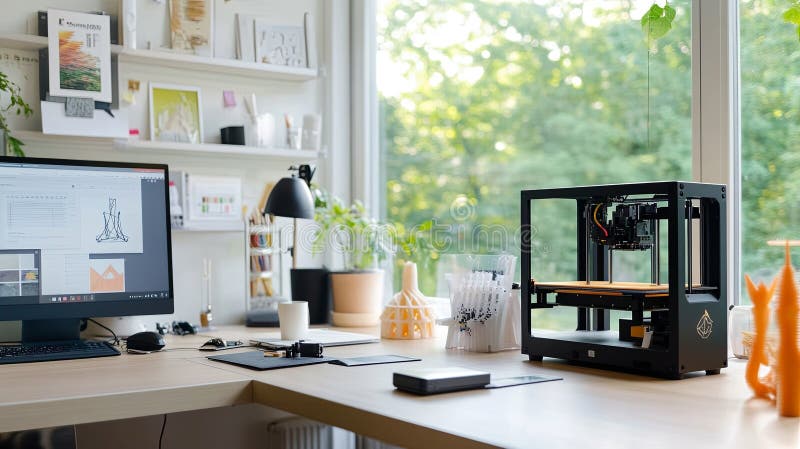 A Clean Workspace Featuring a 3D Printer in Action, Creating a Sleek ...