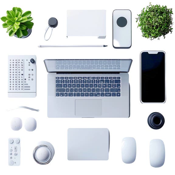 Workspace Gadgets Laptop Keyboard Phone Tech Flat Lay View Isolated on ...
