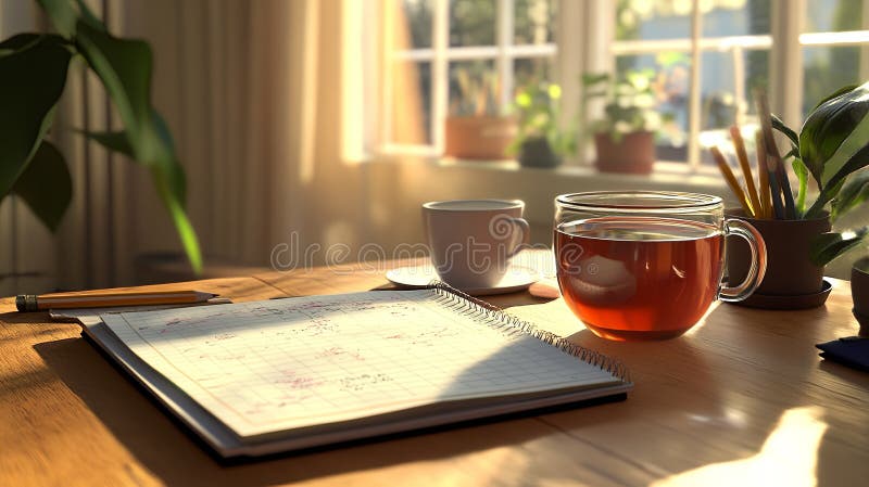 A Clean Workspace Setup with an Open Planner, a Cup of Tea, and a Stock ...