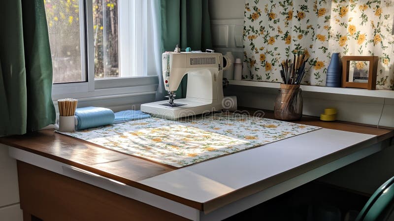 A Clean Workspace with a Sewing Machine and Fabric Ready for Mask ...