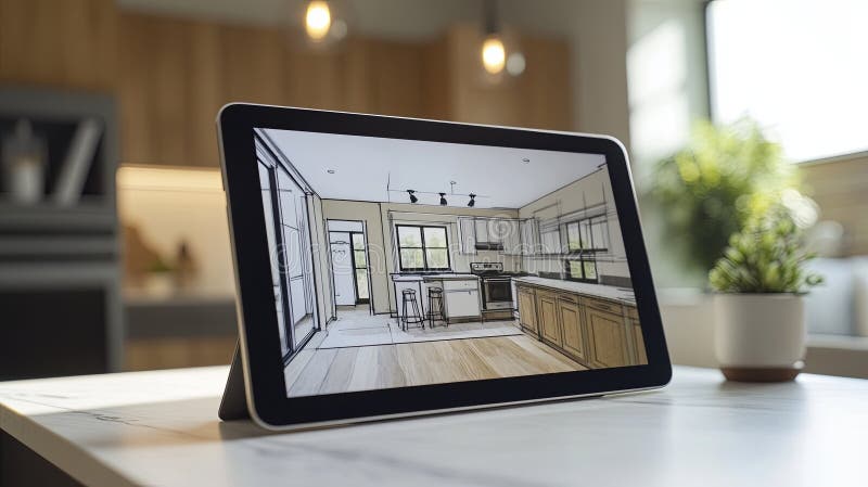 A Clean Workspace with a Tablet Displaying a Home Remodeling Plan ...