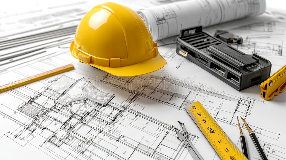 A Clean Workspace with Tools and Blueprints for Designing Energy-efficient Homes. Digital Stock ...