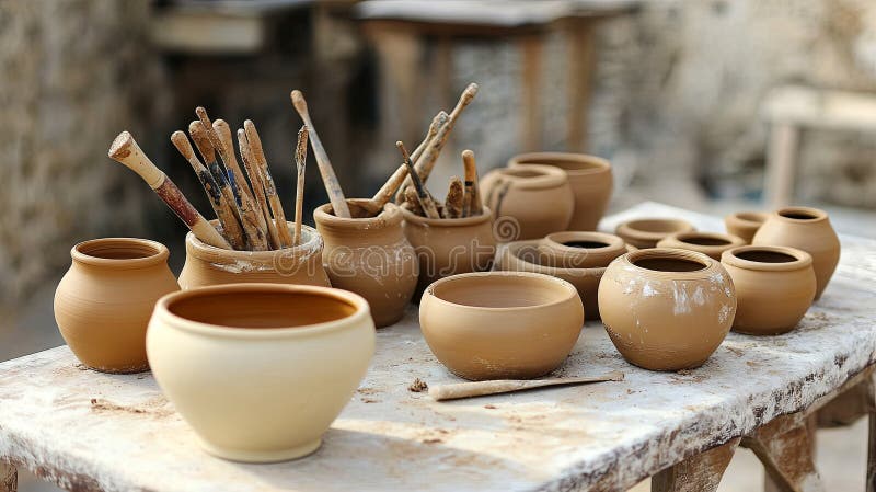 A Clean Workstation with Neatly Arranged Pottery Tools and Fresh Clay ...