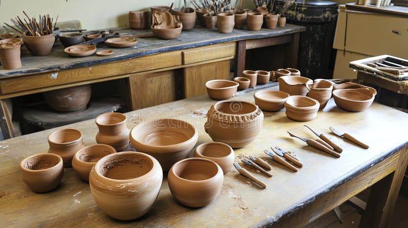 A Clean Workstation with Neatly Arranged Pottery Tools and Fresh Clay ...
