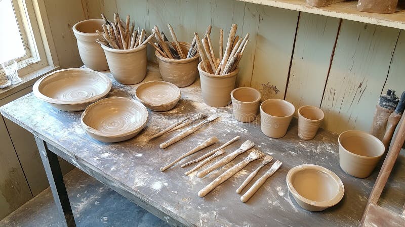 A Clean Workstation with Neatly Arranged Pottery Tools and Fresh Clay ...