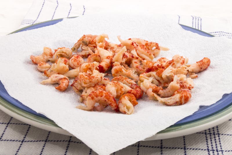 Cleaned and Cooked Crayfish Tails with White Kitchen Paper on a Stock ...