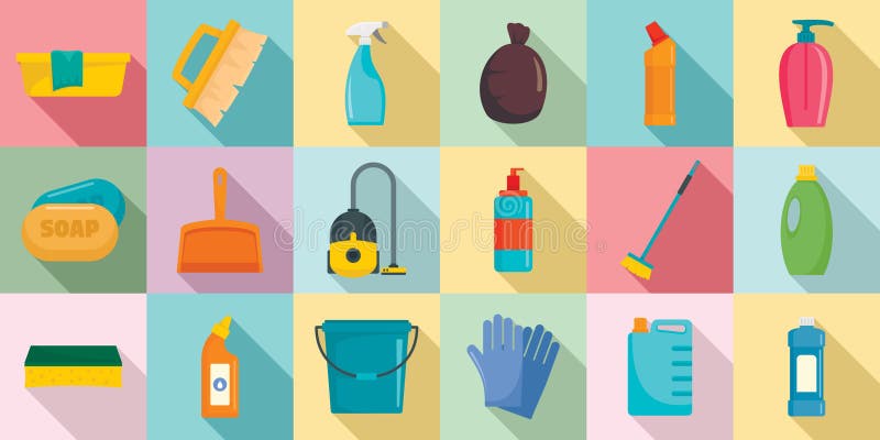 Cleaner Equipment Icons Set, Flat Style Stock Vector - Illustration of ...