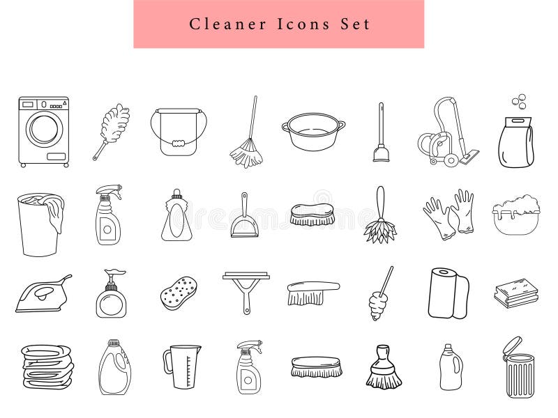 Cleaner Icon Set Hand Drawn Vector Stock Vector - Illustration of broom ...