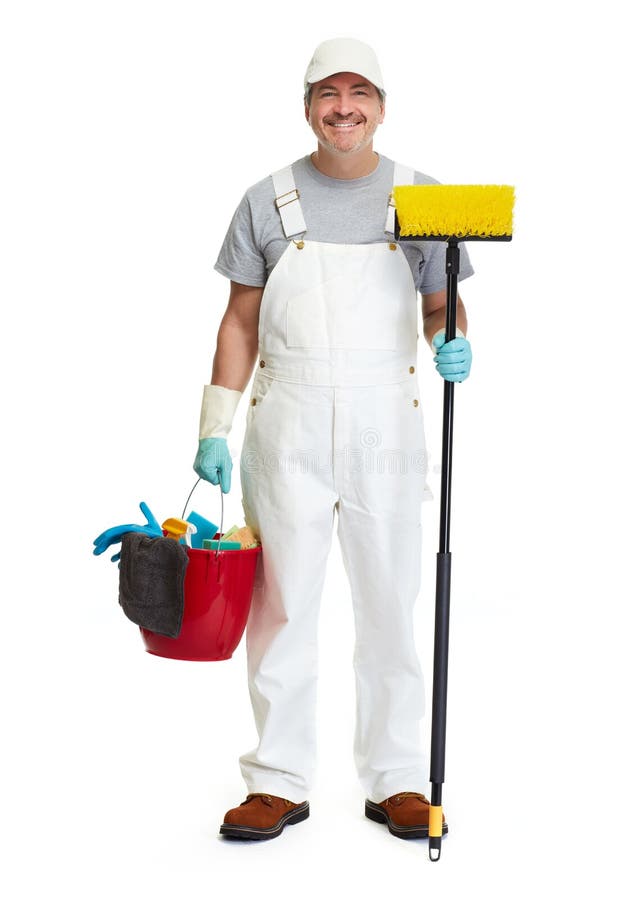 Cleaner man with broom stock photo. Image of broom, happy - 90738542