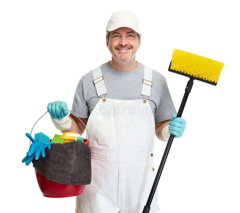 Cleaner man with broom stock photo. Image of broom, happy - 90738542