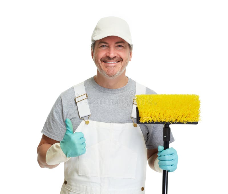 Cleaner man with broom stock photo. Image of broom, happy - 90738542