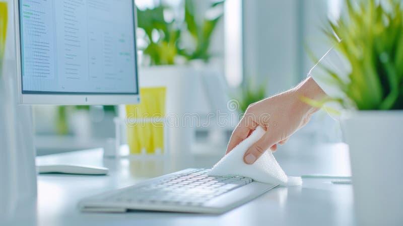 A Cleaner Carefully Wipes Down a Computer Keyboard in a Bright, Modern ...