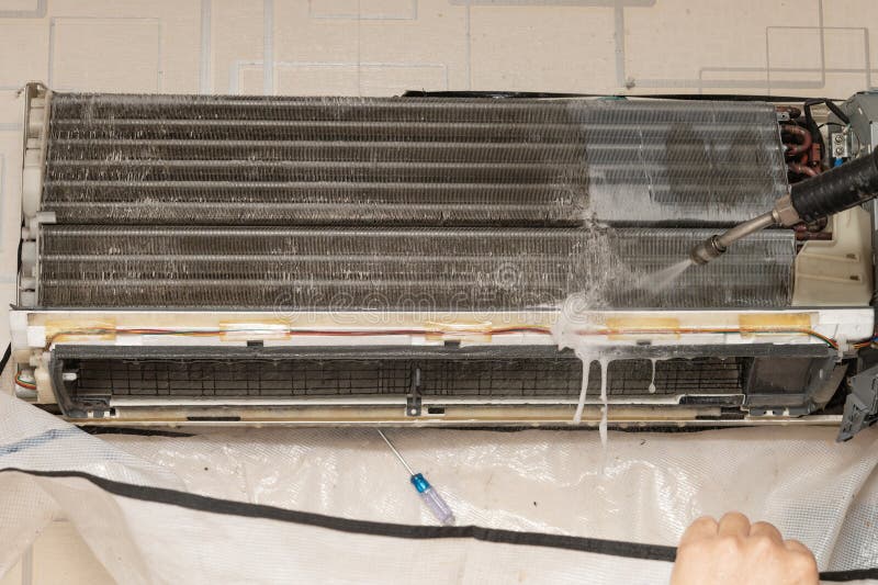 Cleaning Air Conditioner with Chemical Liquid Stock Photo - Image of ...