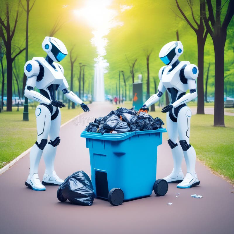 Cleaning the Beach, Park with Robots, Cyborg Stock Illustration ...