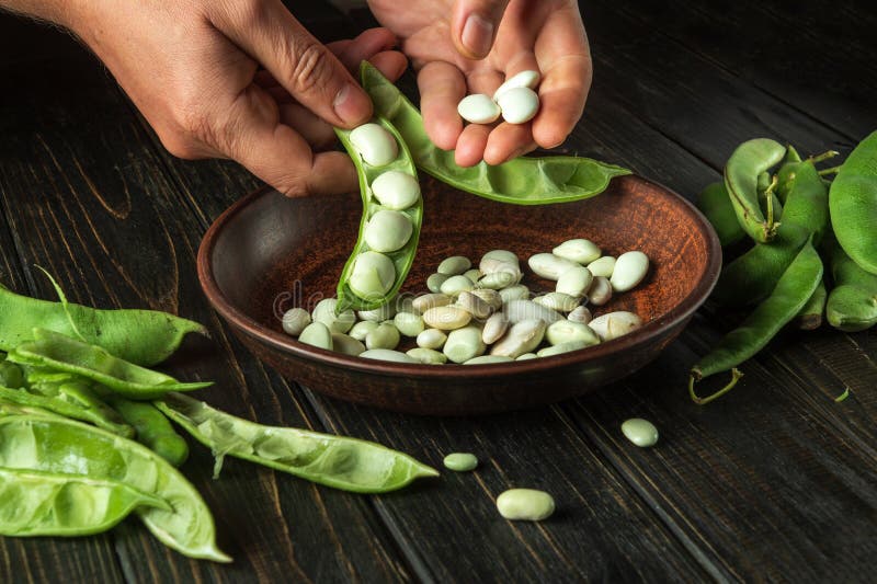 Cleaning Bean Seeds from Green Pods by the Hands of a Cook after ...