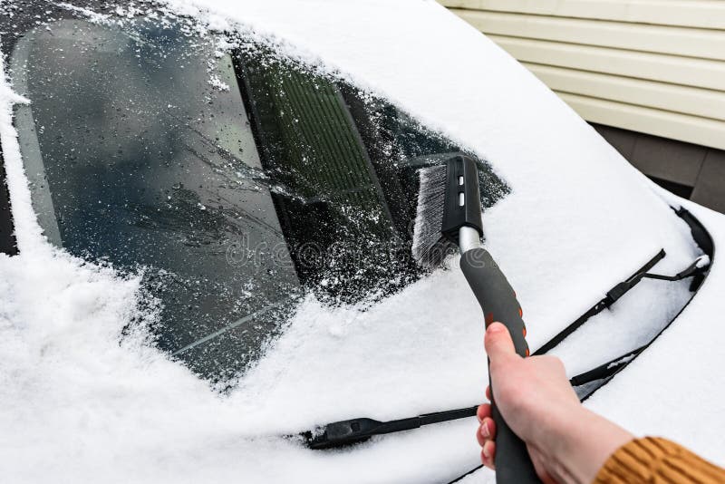 Cleaning Black Car from Snow. Stock Photo - Image of brush, clean ...
