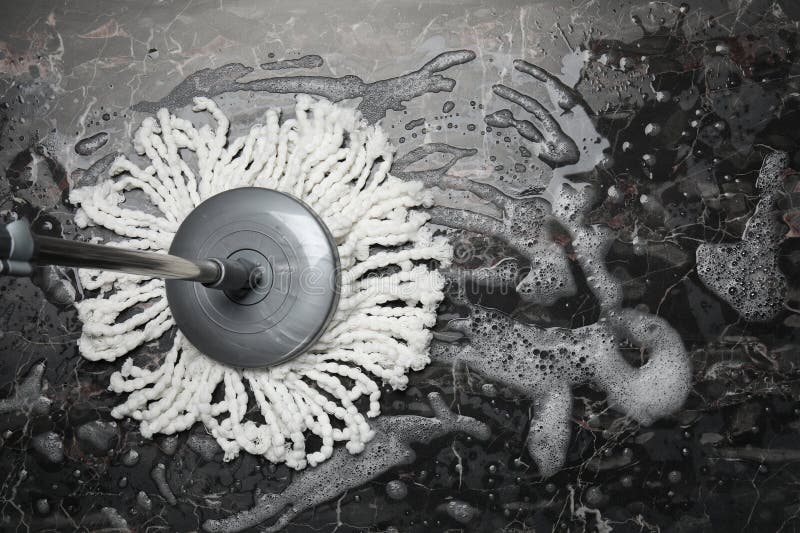 Cleaning Black Marble Floor with String Mop, Above View Stock Image ...
