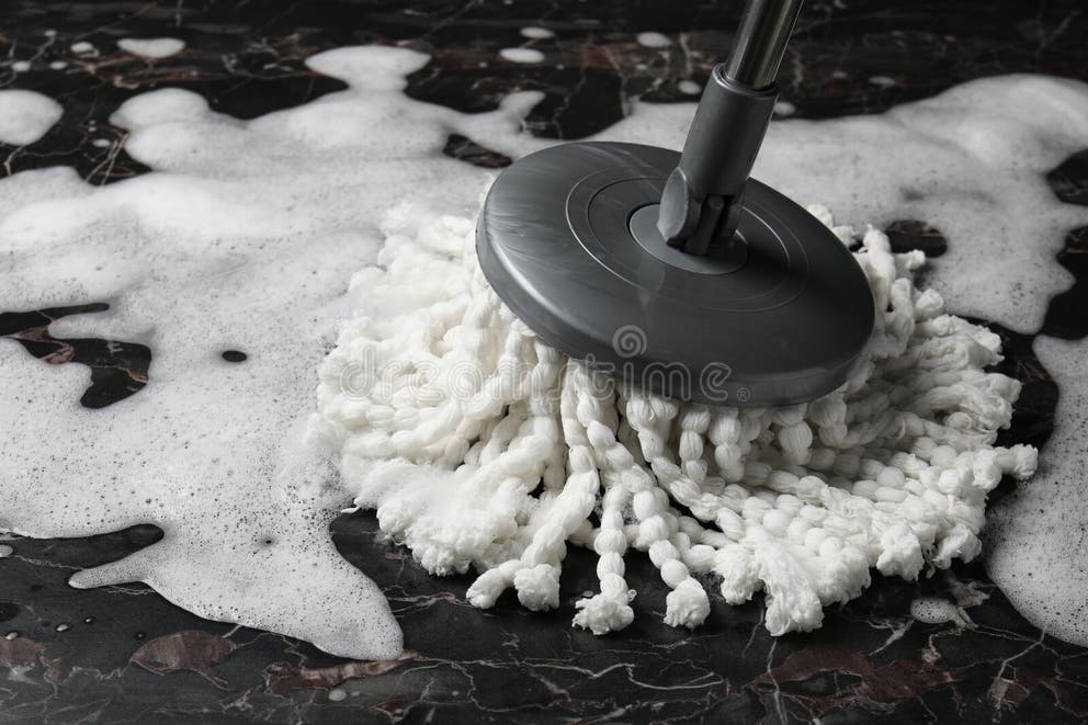Cleaning Black Marble Floor with String Mop, Closeup Stock Photo ...