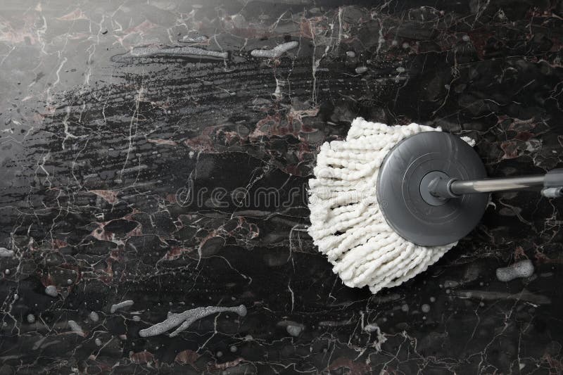 Cleaning Black Marble Floor with String Mop, Top View. Space for Text ...