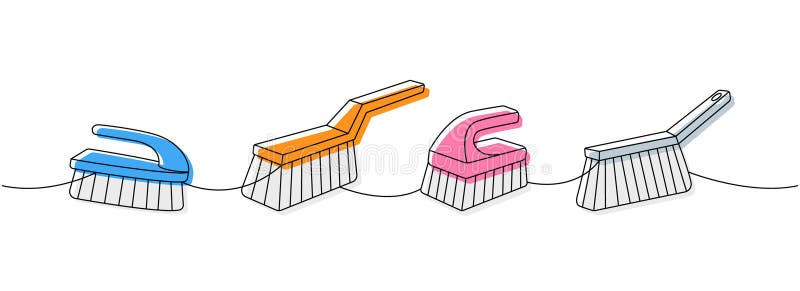 Cleaning Brushes One Line Colored Continuous Drawing. Housekeeping ...