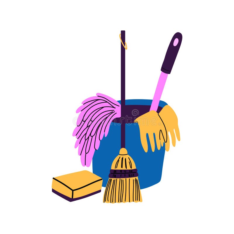 Cleaning Bucket Filled with Supplies, Broom, and Sponge Stock Vector ...