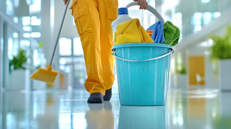 Cleaning Bucket in Modern Office Lobby, Cleaning Services Concept Stock ...