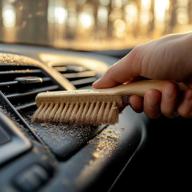 Cleaning Car Dashboard with Brush in Sunny Interior Setting. Stock ...