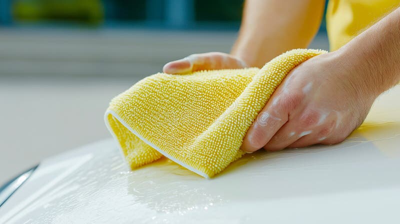 Cleaning Car Surface with Microfiber Cloth Hands in Focus Bright Yellow Towel Stock Illustration ...