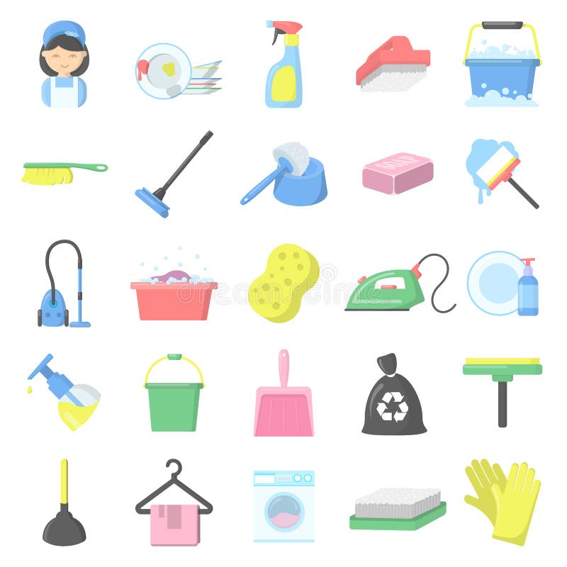 Cleaning 25 Cartoon Icons Set for Web Stock Vector - Illustration of ...