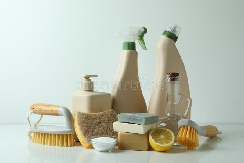 Cleaning Concept with Eco Friendly Cleaning Tools on White Table Stock ...