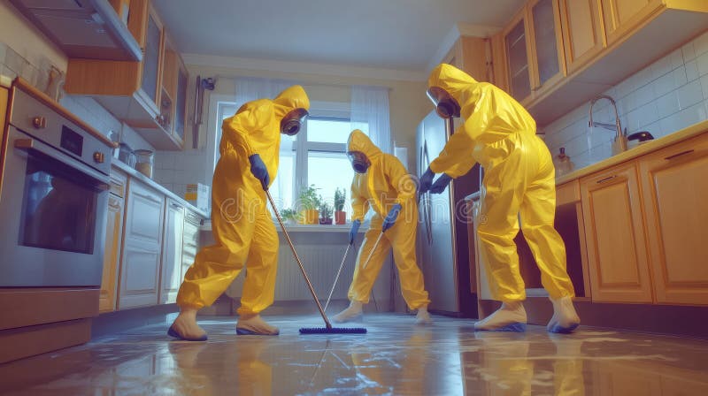 Cleaning Crew Wearing Hazmat Suits Disinfecting Kitchen Floor Stock ...