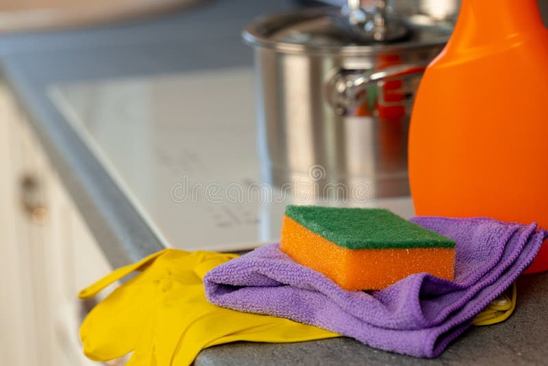 Cleaning Detergents and Tools on a Kitchen Counter Stock Photo - Image ...
