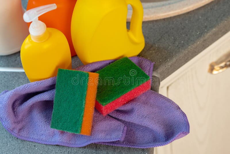 Cleaning Detergents and Tools on a Kitchen Counter Stock Image - Image ...