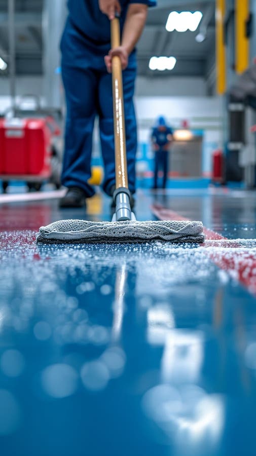 Cleaning Epoxy Floor Service Staff Using a Mop in Uniform Stock ...