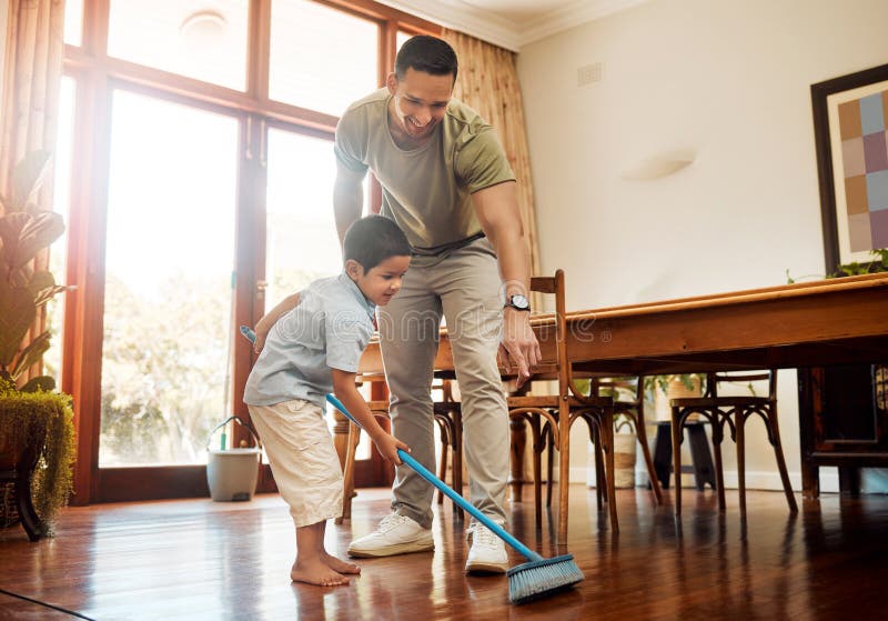 Cleaning, Father and Kid Help with Sweeping in Home for Household ...