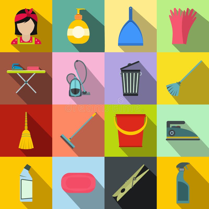 Cleaning flat icons stock vector. Illustration of pictogram - 63669817