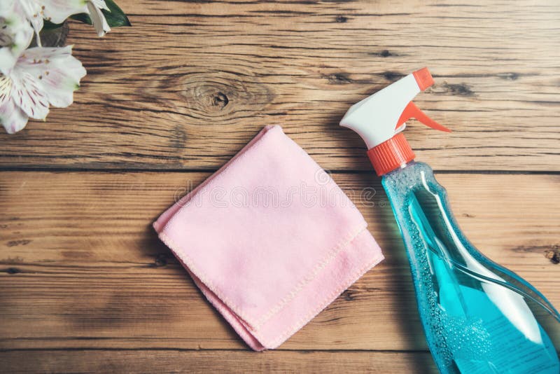 Cleaning fluid with cloth stock photo. Image of supplies - 244843358