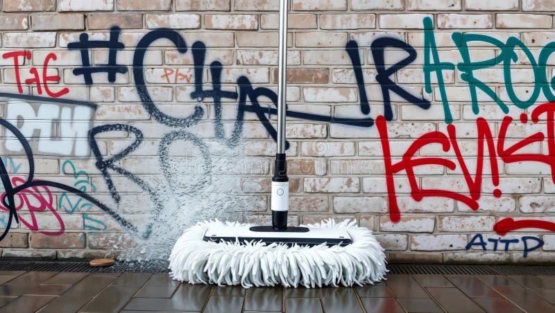 Modern Mop Erasing Graffiti from Brick Wall, Generative Ai Stock ...