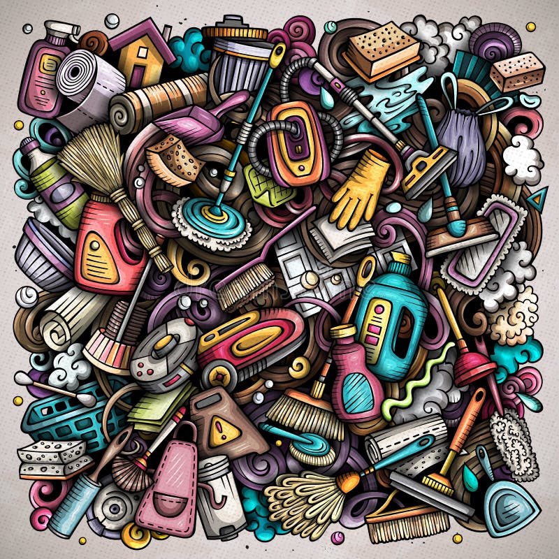 Cleaning Hand Drawn Vector Doodles Funny Illustration. Stock Vector ...