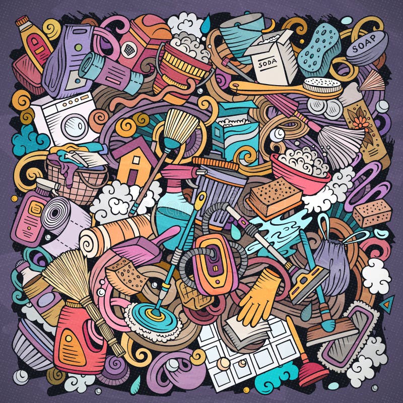 Cleaning Hand Drawn Vector Doodles Funny Illustration. Stock Vector ...